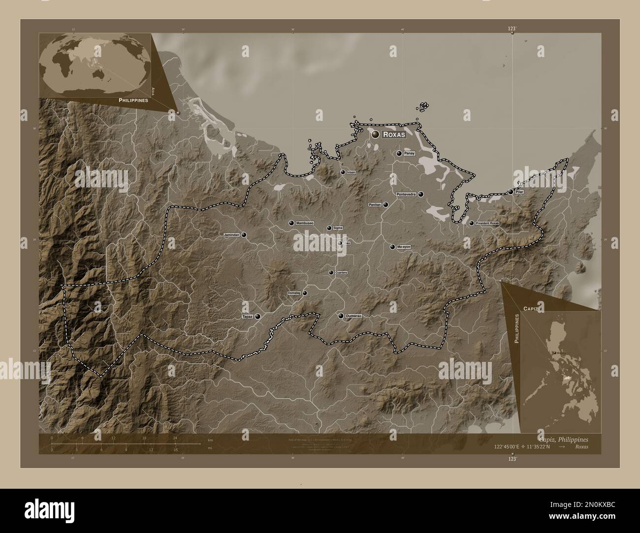Capiz, province of Philippines. Elevation map colored in sepia tones ...