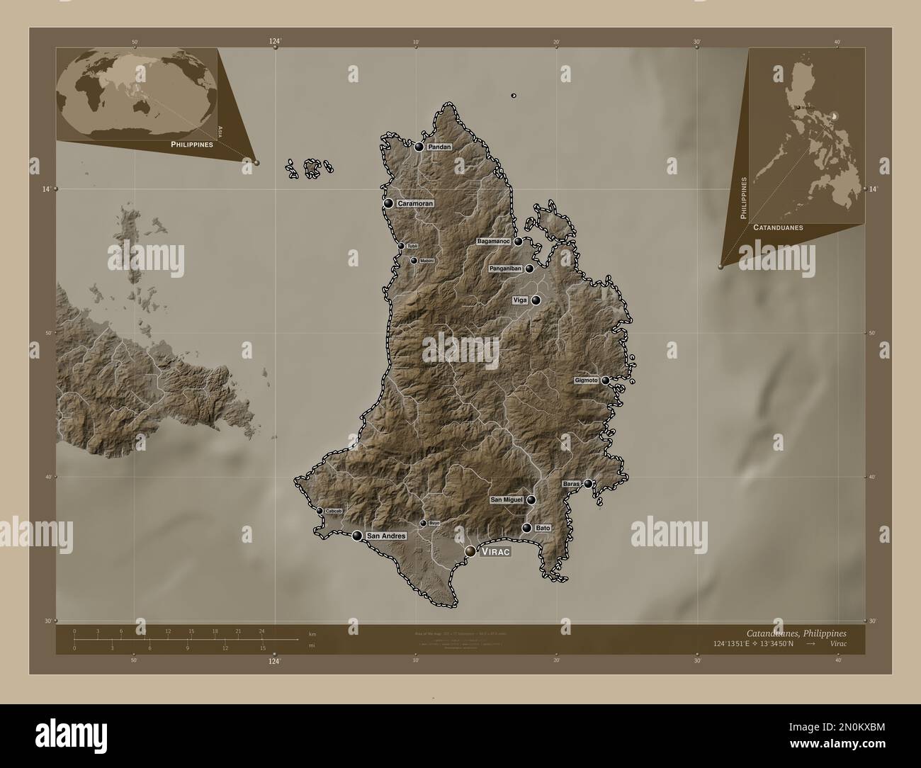 Catanduanes, province of Philippines. Elevation map colored in sepia ...