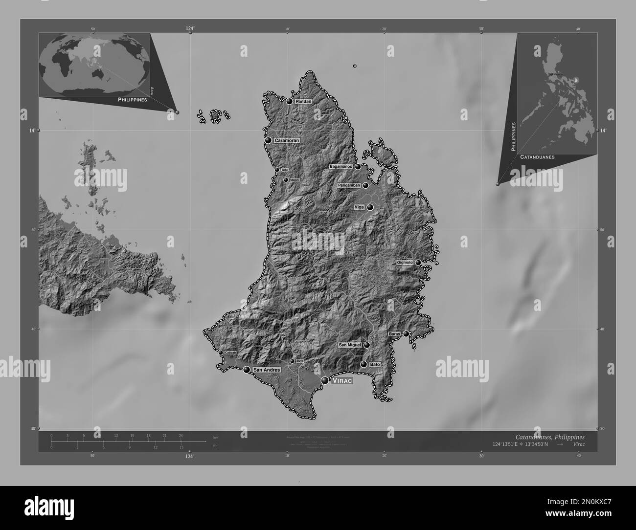 Catanduanes, province of Philippines. Bilevel elevation map with lakes ...