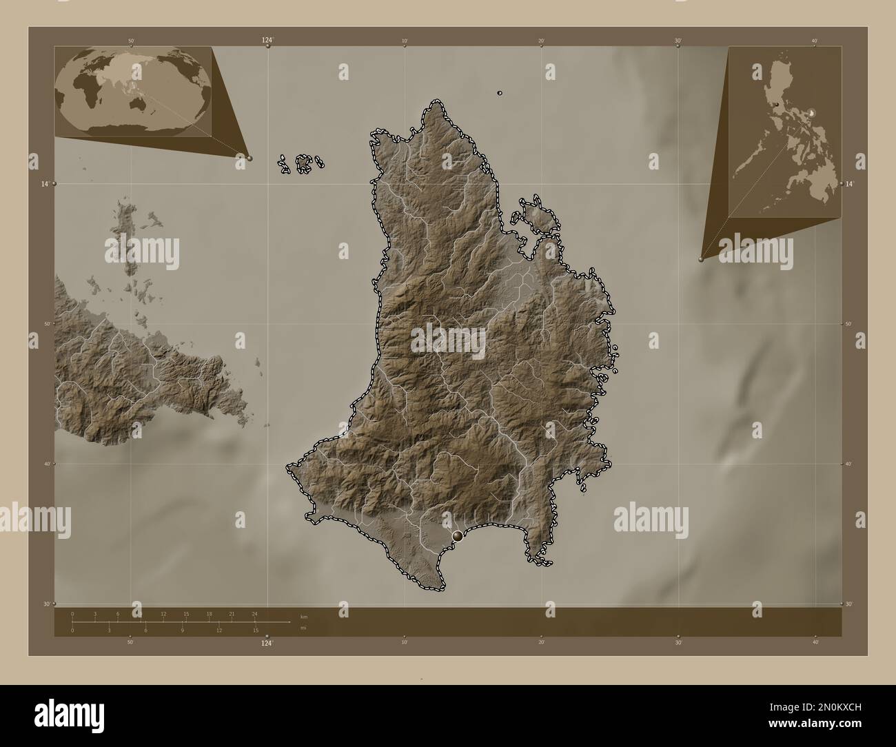 Catanduanes, province of Philippines. Elevation map colored in sepia ...