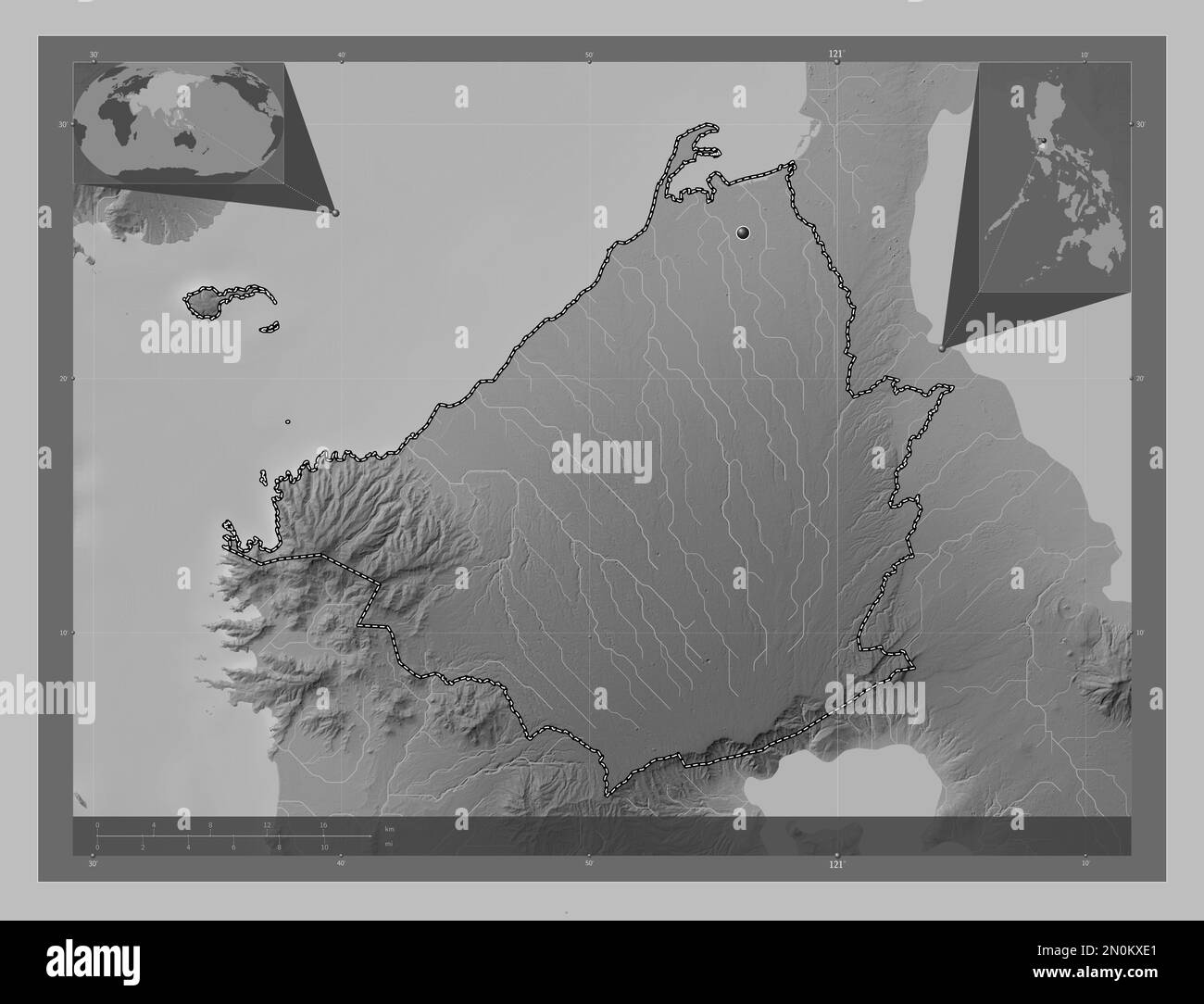 Cavite, province of Philippines. Grayscale elevation map with lakes and ...