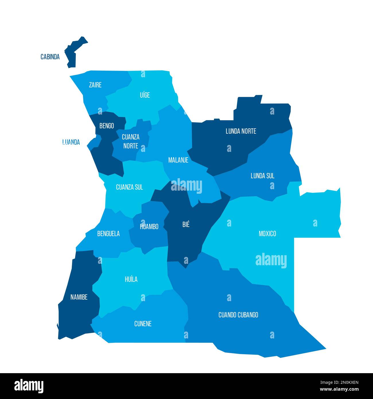 Angola political map of administrative divisions - provinces. Flat blue ...