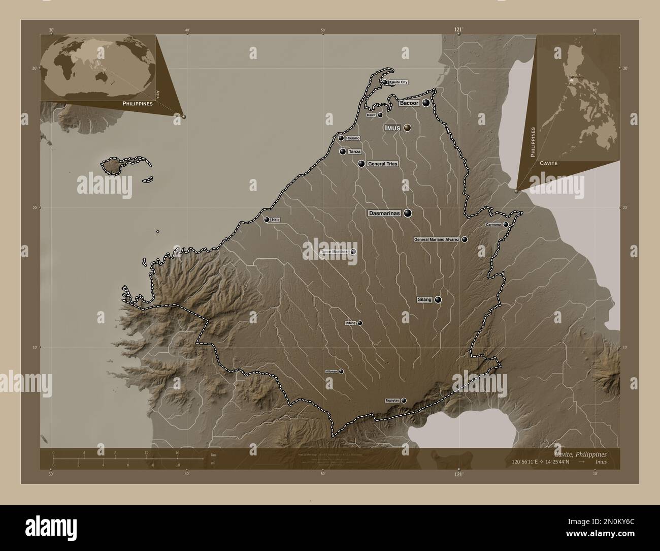 Cavite, province of Philippines. Elevation map colored in sepia tones ...
