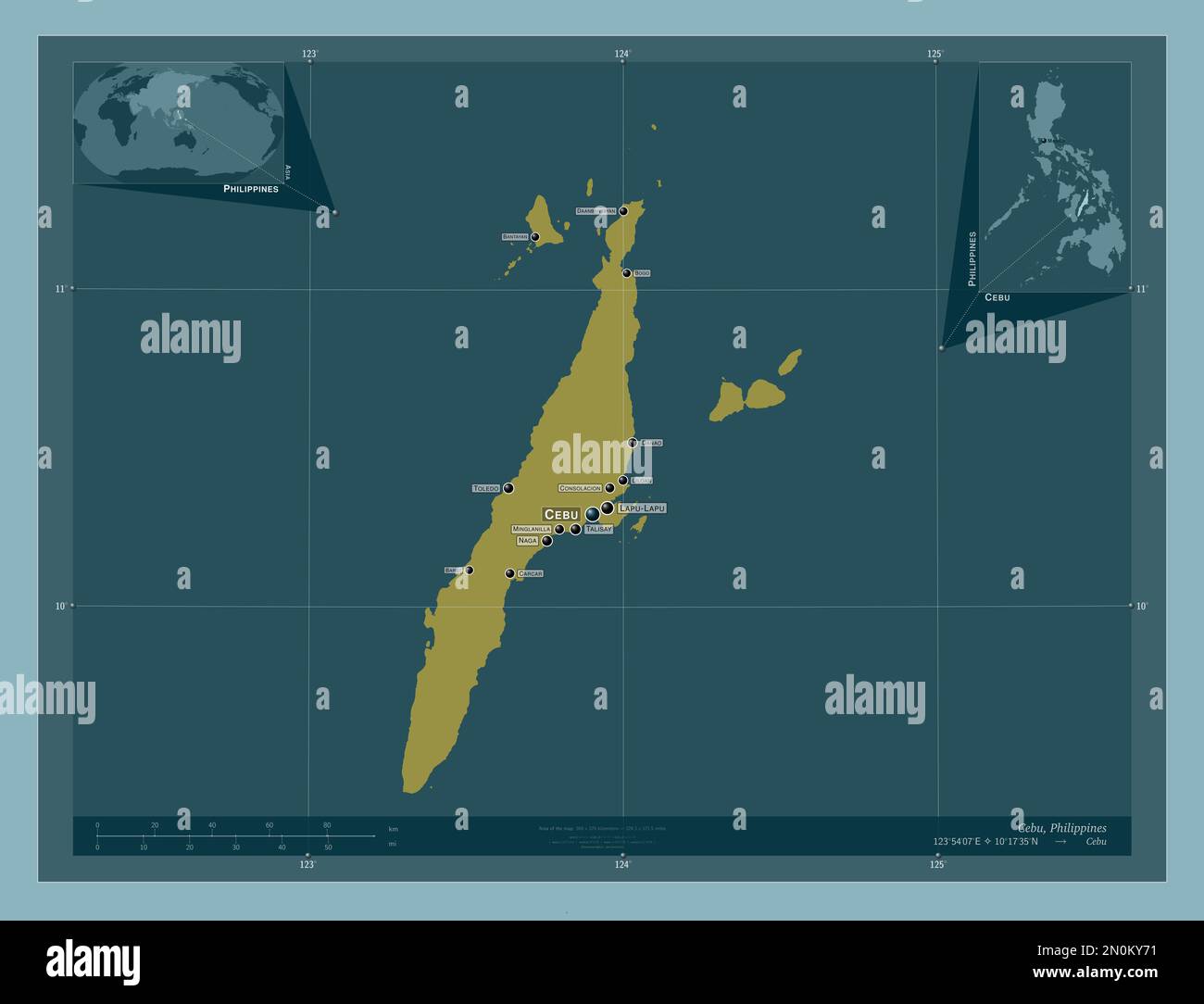 Cebu, province of Philippines. Solid color shape. Locations and names ...