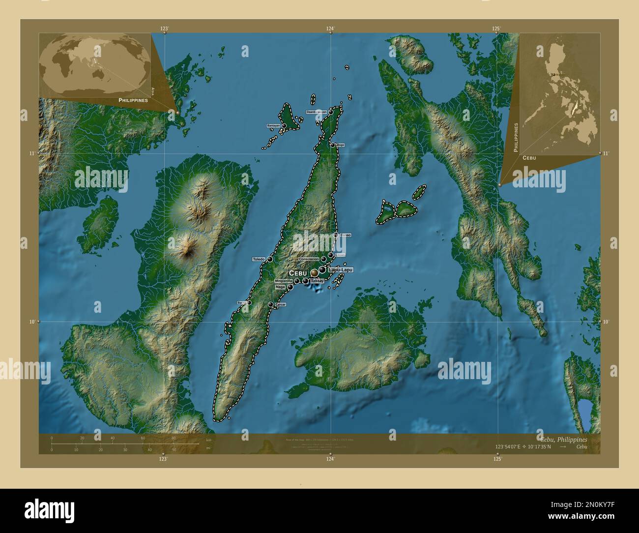 Cebu, province of Philippines. Colored elevation map with lakes and ...