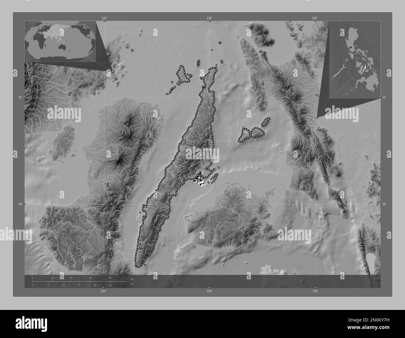 Cebu, province of Philippines. Grayscale elevation map with lakes and ...