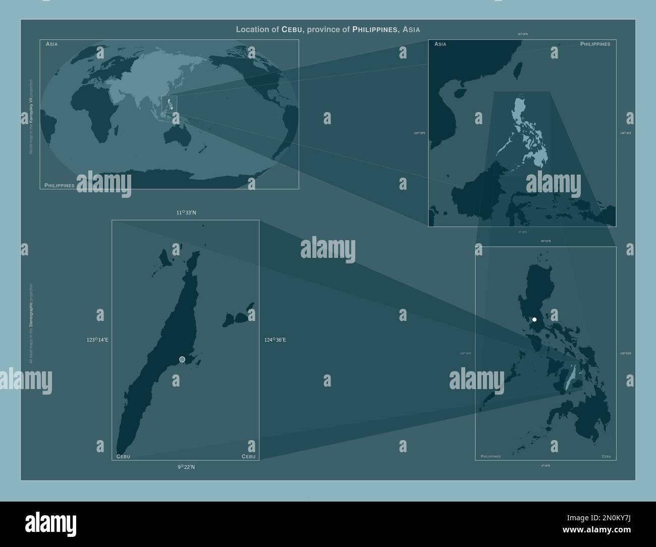 Cebu, province of Philippines. Diagram showing the location of the region on larger-scale maps ...