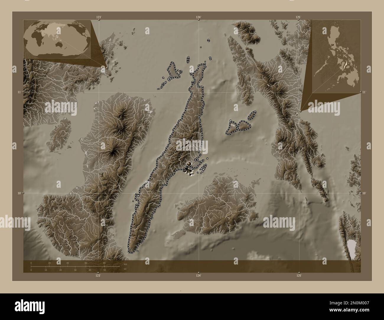 Cebu, province of Philippines. Elevation map colored in sepia tones ...