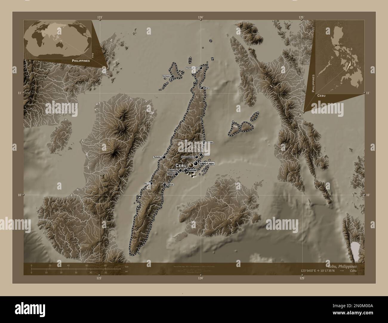 Cebu, province of Philippines. Elevation map colored in sepia tones ...