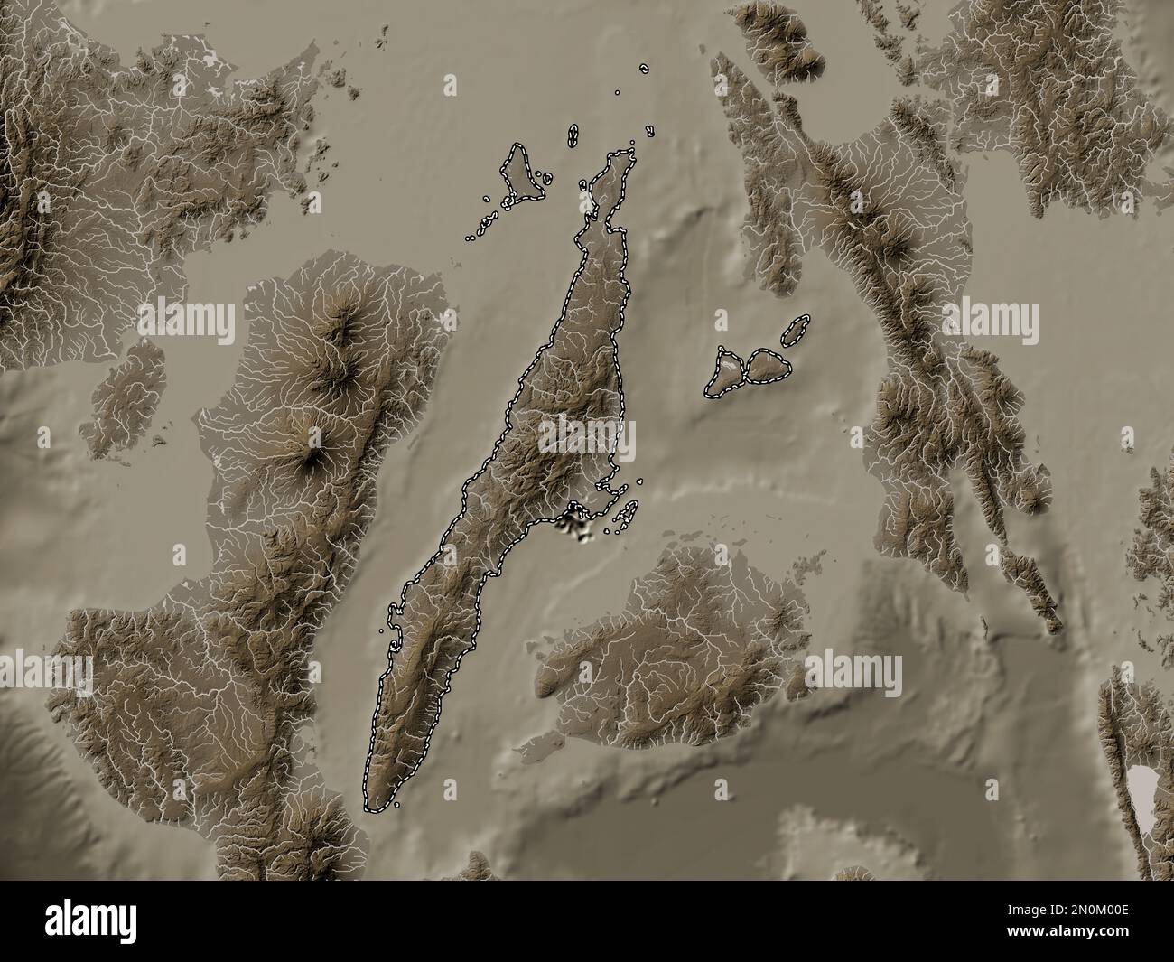 Cebu, province of Philippines. Elevation map colored in sepia tones ...