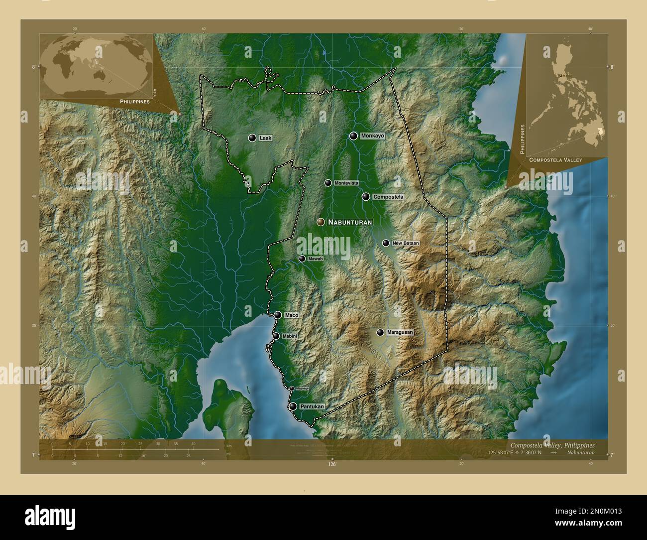 Compostela Valley, province of Philippines. Colored elevation map with ...