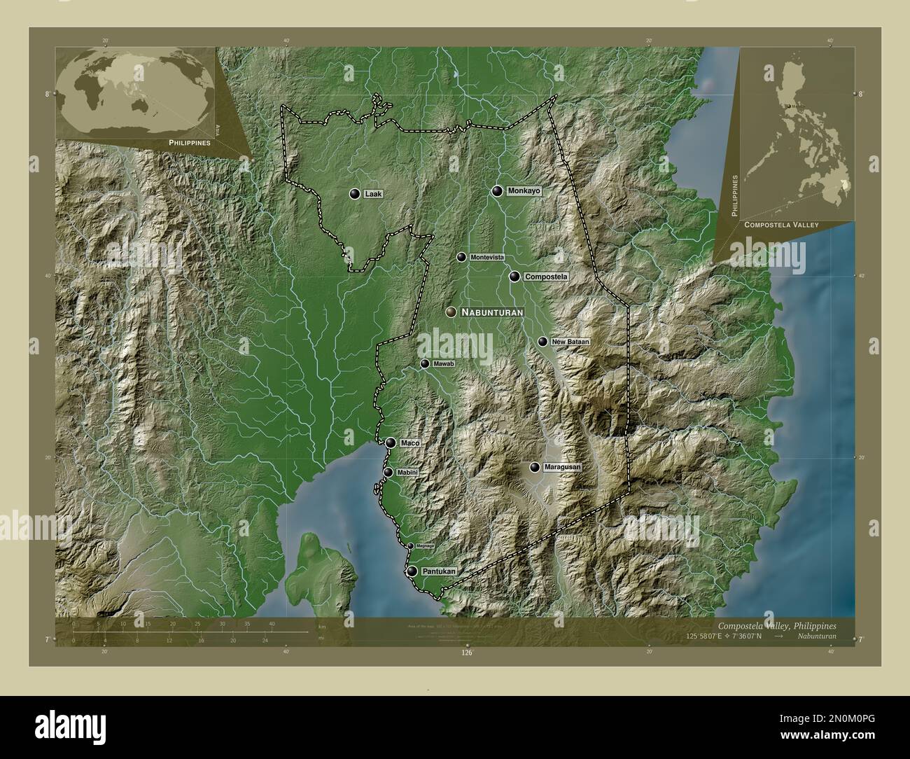 Compostela Valley, province of Philippines. Elevation map colored in ...