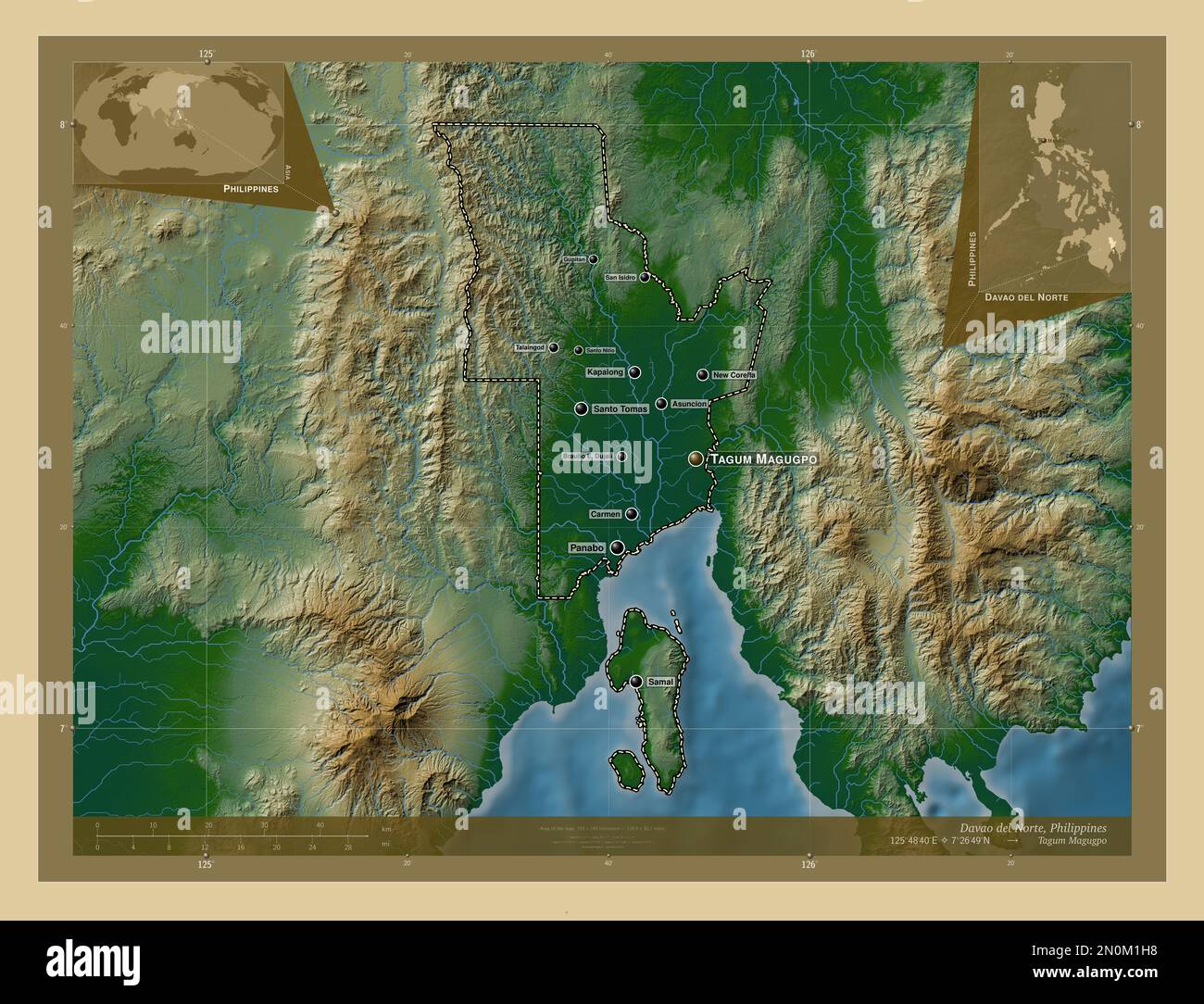 Davao del Norte, province of Philippines. Colored elevation map with ...