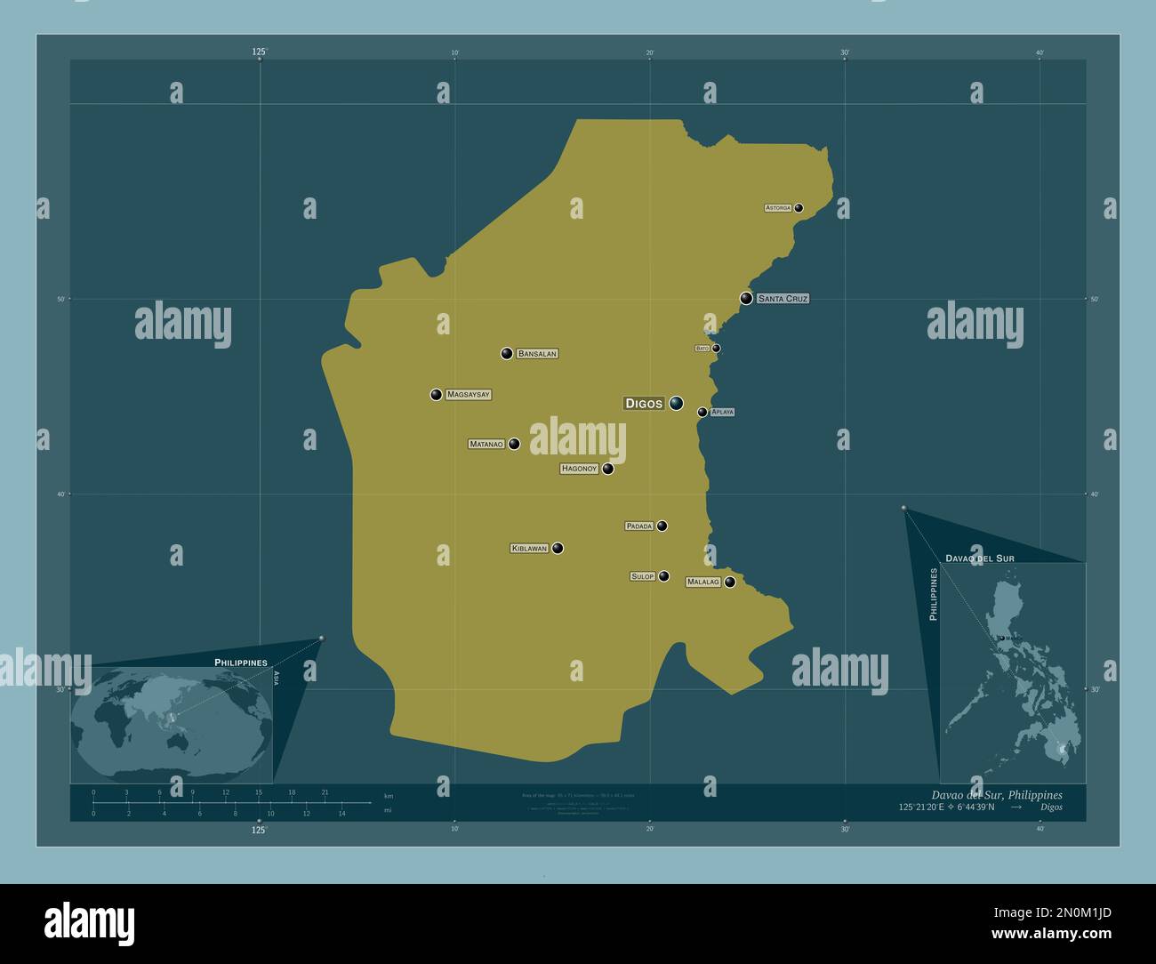Davao del Sur, province of Philippines. Solid color shape. Locations ...