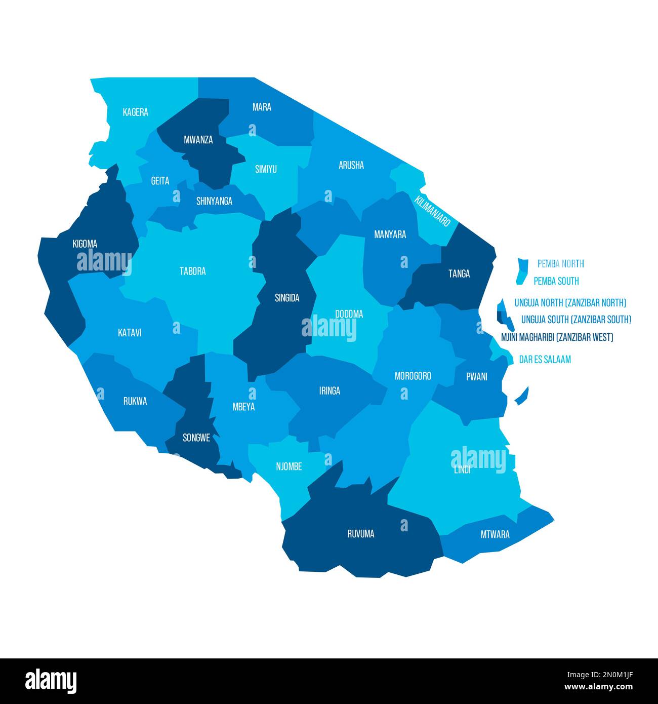 Tanzania political map of administrative divisions - regions. Flat blue ...