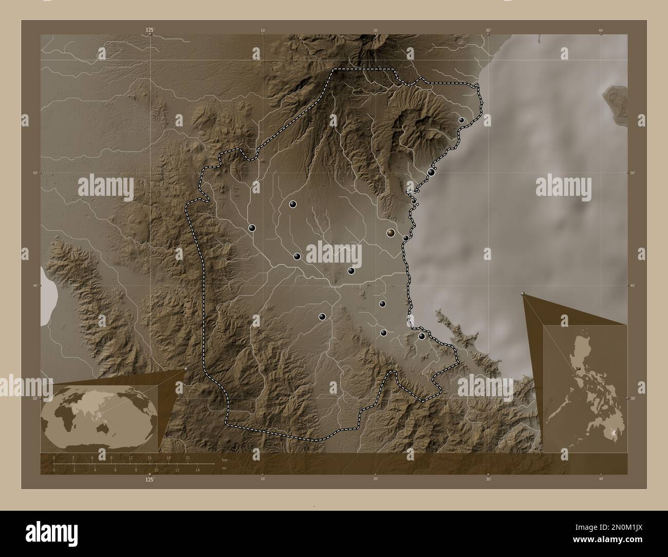 Davao del Sur, province of Philippines. Elevation map colored in sepia ...
