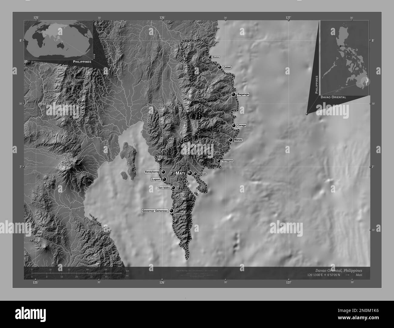 Davao Oriental, province of Philippines. Bilevel elevation map with ...