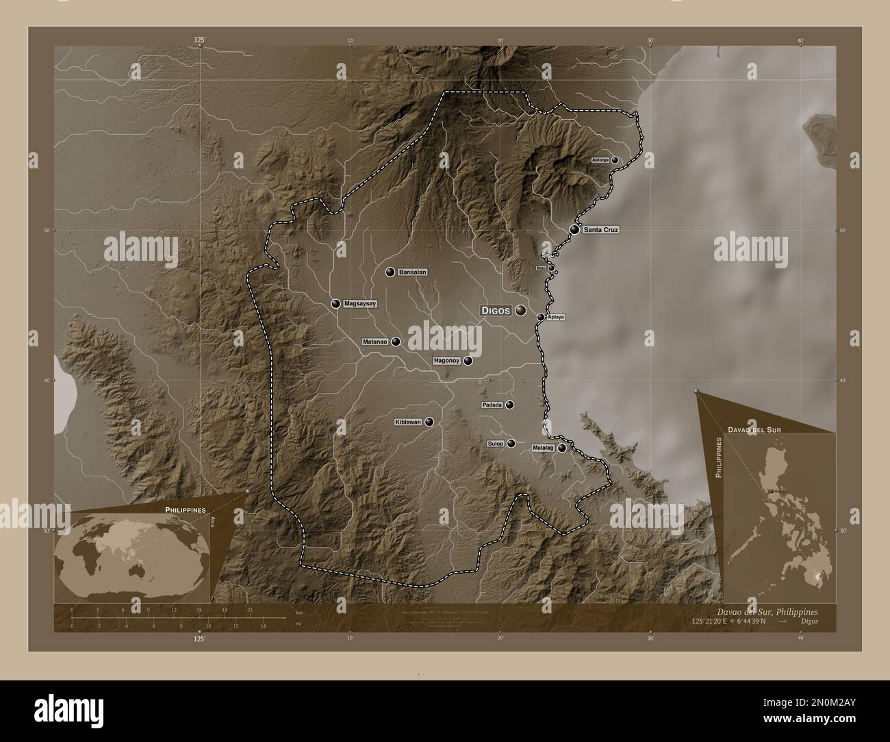 Davao del Sur, province of Philippines. Elevation map colored in sepia ...