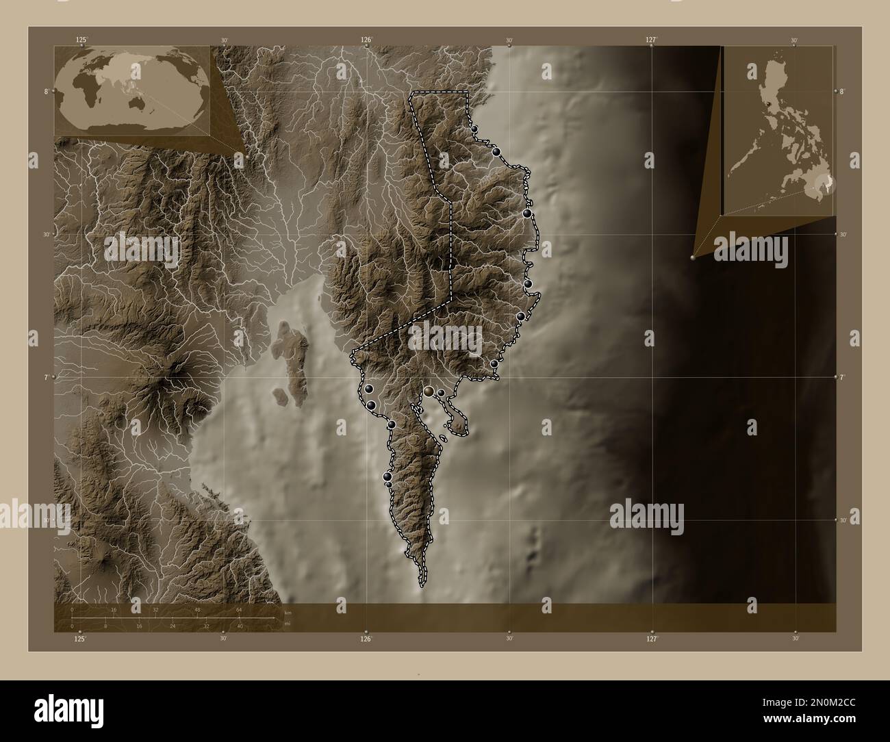 Davao Oriental, province of Philippines. Elevation map colored in sepia ...