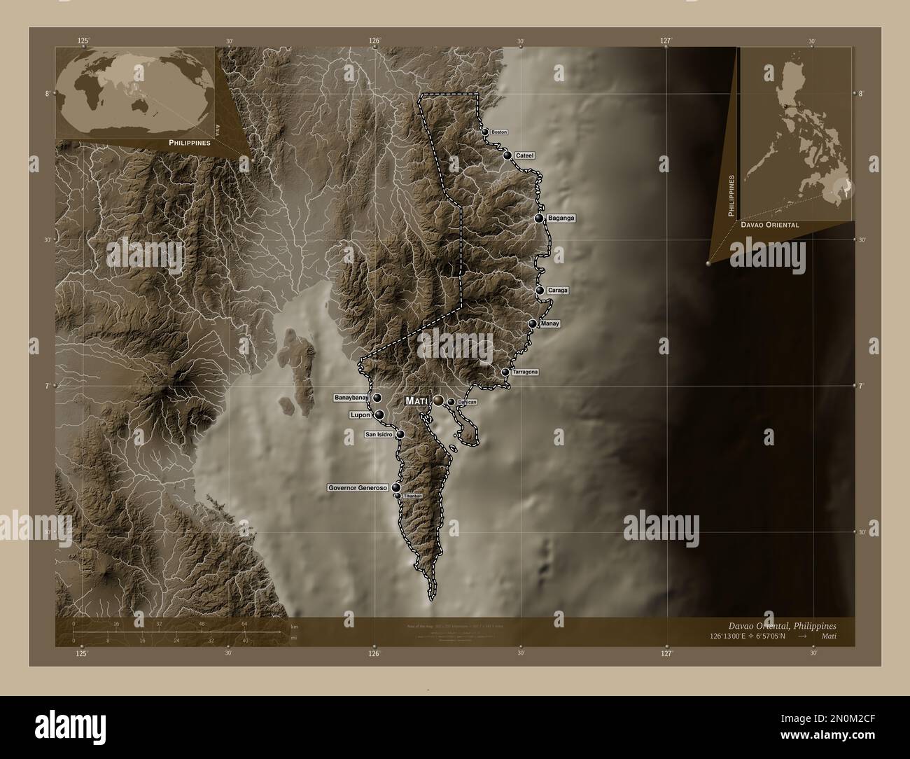 Davao Oriental, province of Philippines. Elevation map colored in sepia ...