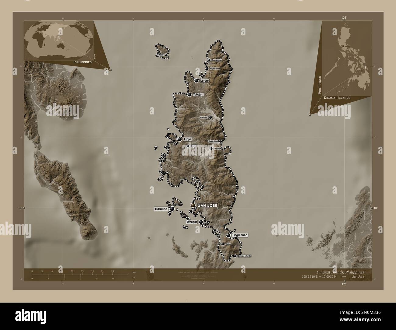 Dinagat Islands, province of Philippines. Elevation map colored in ...