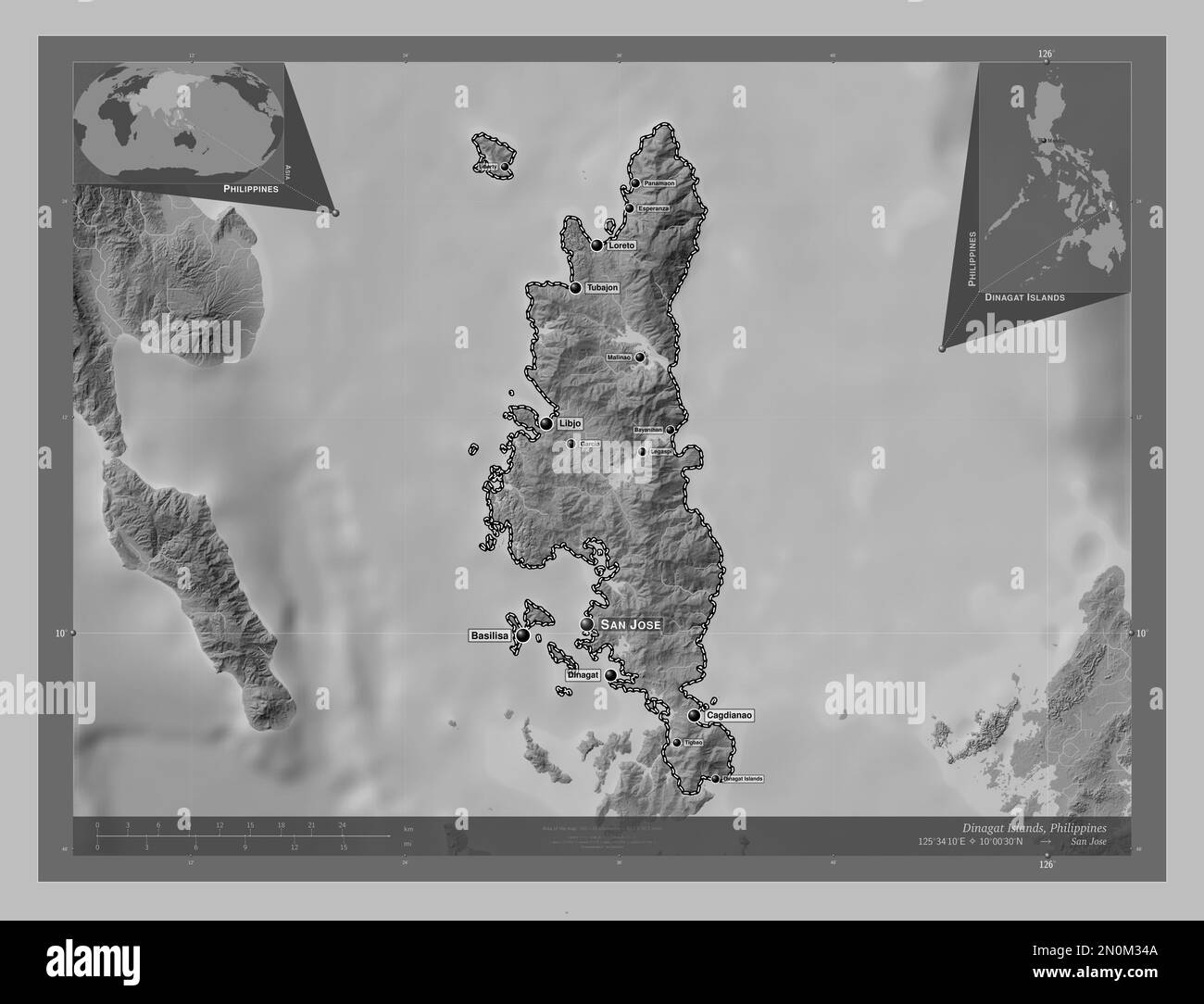 Dinagat Islands, province of Philippines. Grayscale elevation map with ...