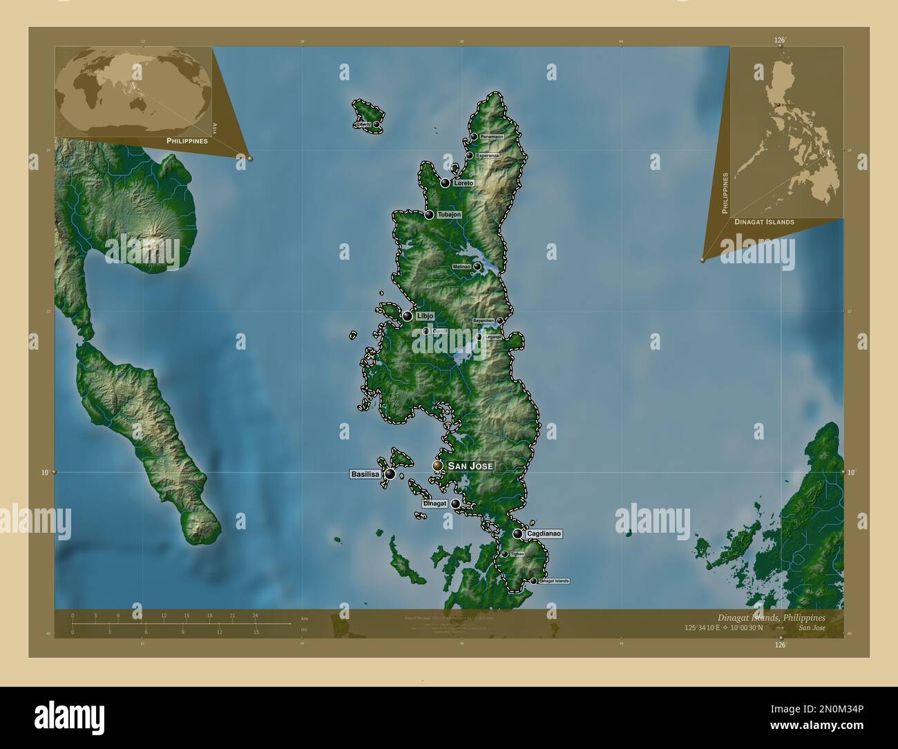Dinagat Islands, province of Philippines. Colored elevation map with ...