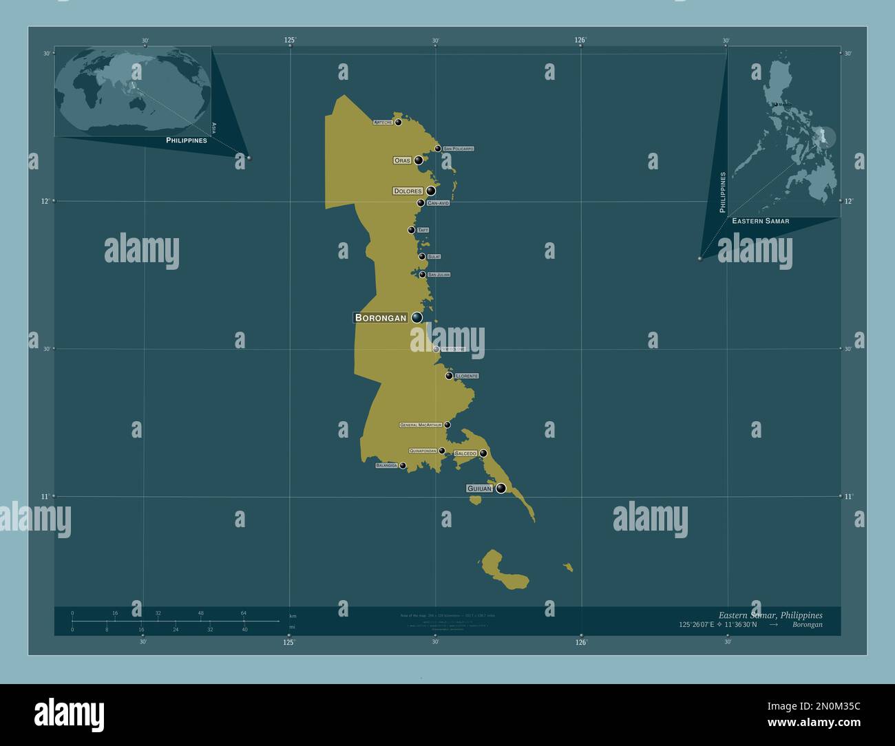 Eastern Samar, province of Philippines. Solid color shape. Locations ...