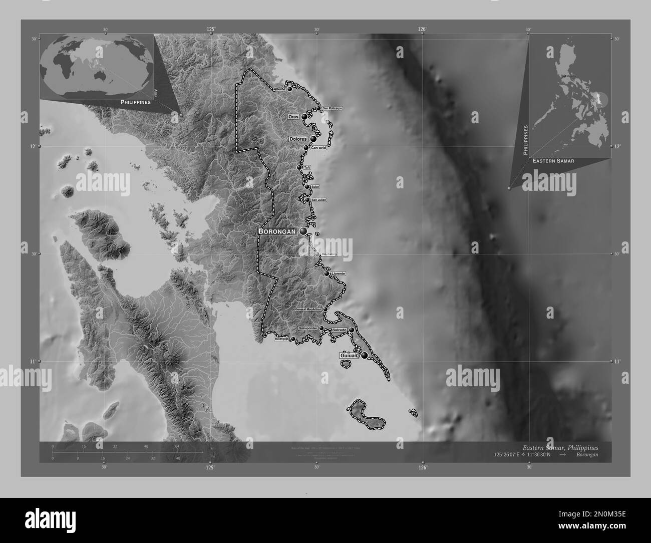 Eastern Samar, province of Philippines. Grayscale elevation map with ...