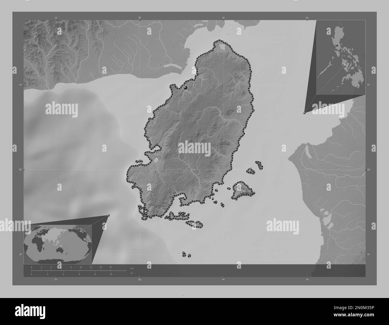 Guimaras, province of Philippines. Grayscale elevation map with lakes ...