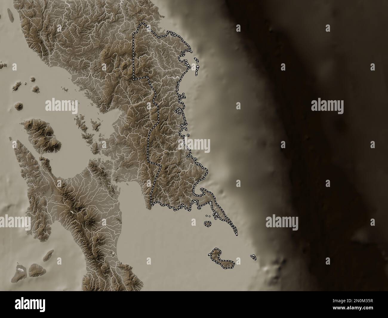 Eastern Samar, province of Philippines. Elevation map colored in sepia ...