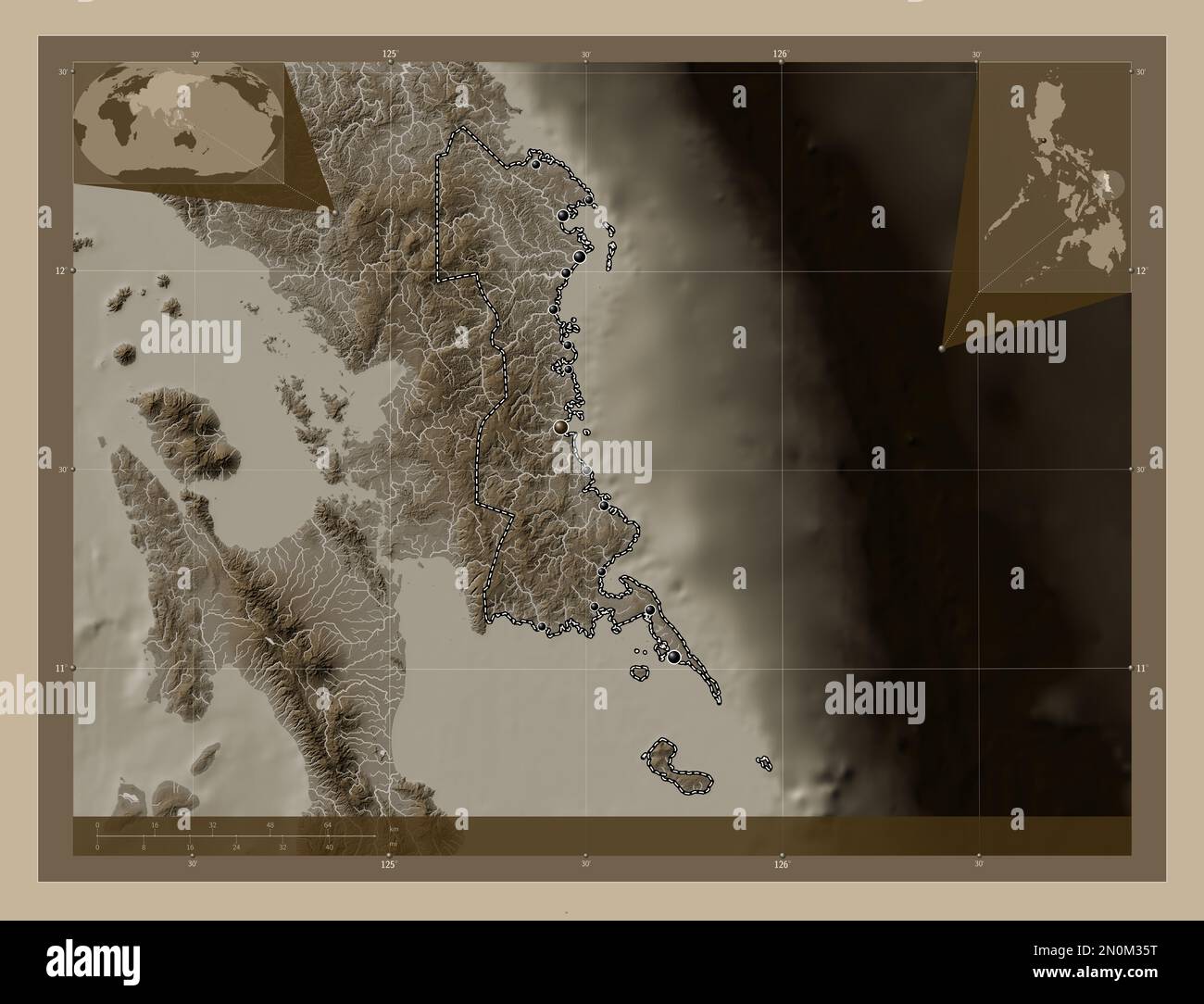 Eastern Samar, province of Philippines. Elevation map colored in sepia ...