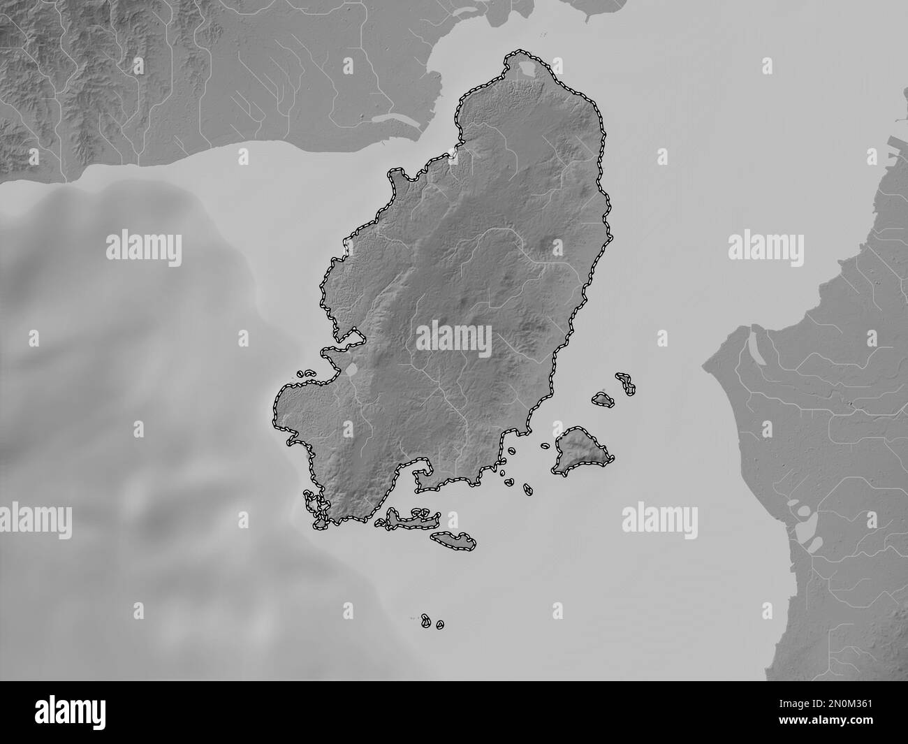Guimaras, province of Philippines. Grayscale elevation map with lakes ...
