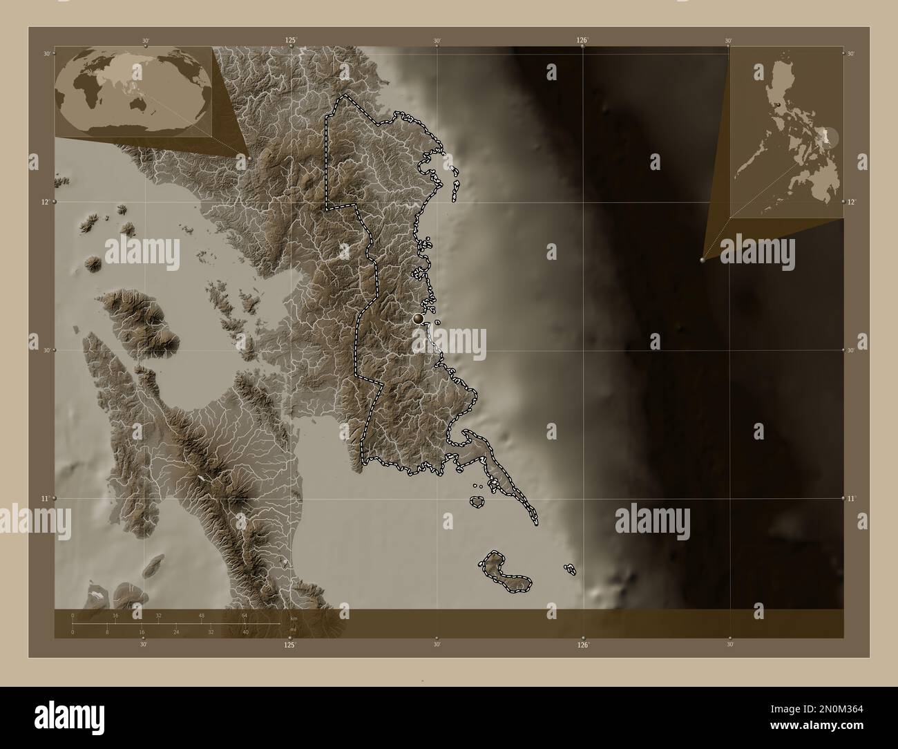 Eastern Samar, province of Philippines. Elevation map colored in sepia ...