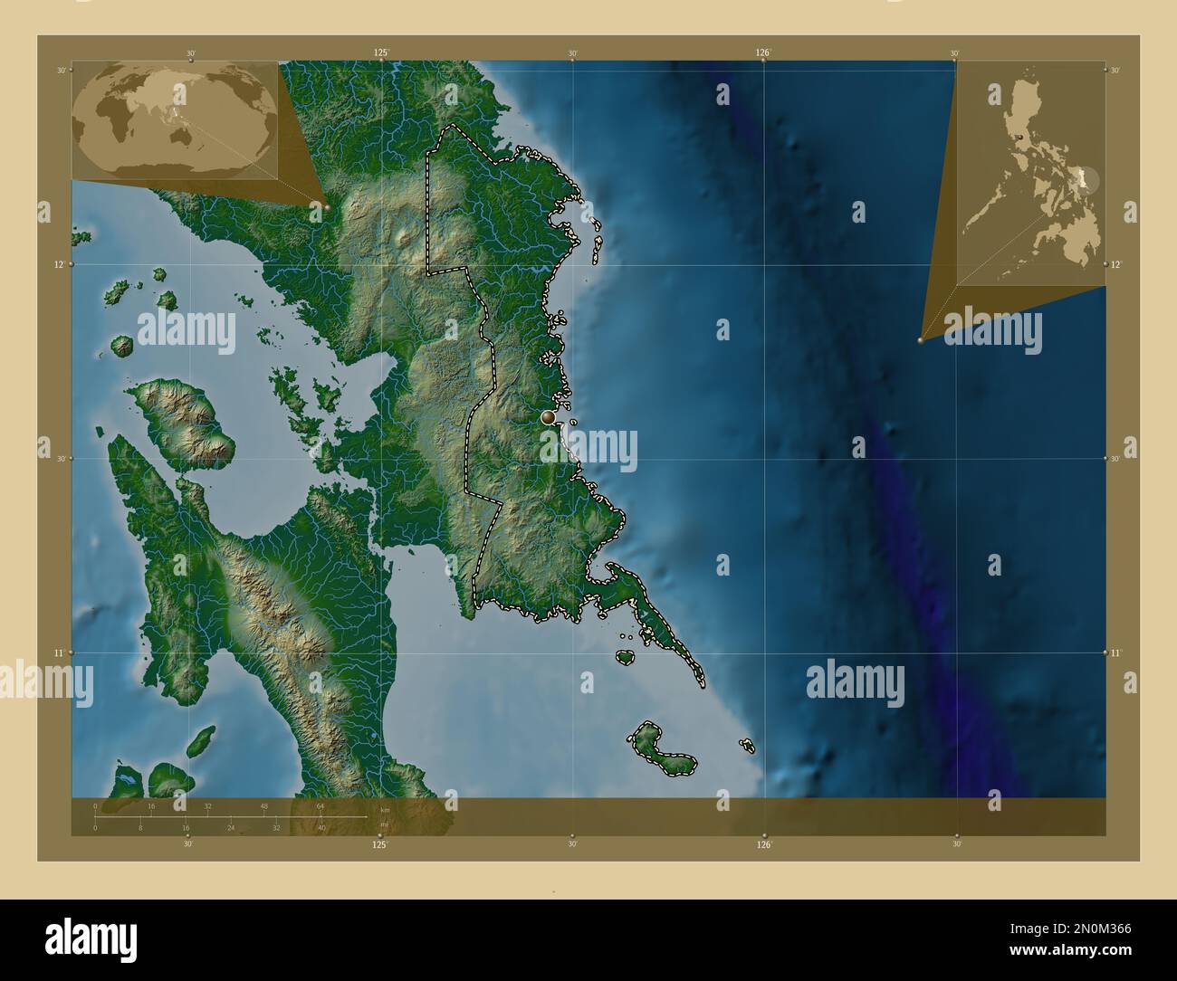 Eastern Samar, province of Philippines. Colored elevation map with lakes and rivers. Corner ...