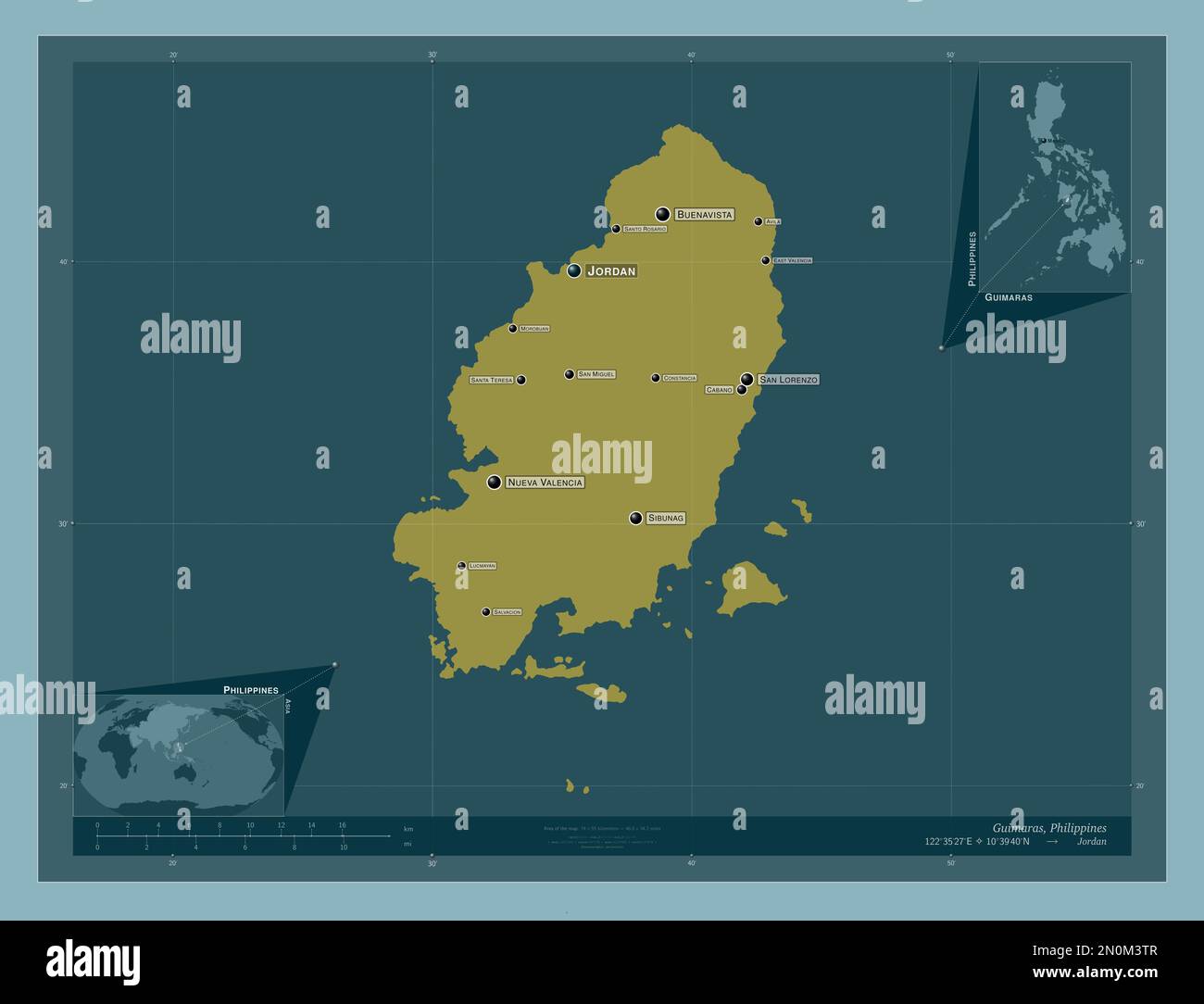 Guimaras, province of Philippines. Solid color shape. Locations and ...