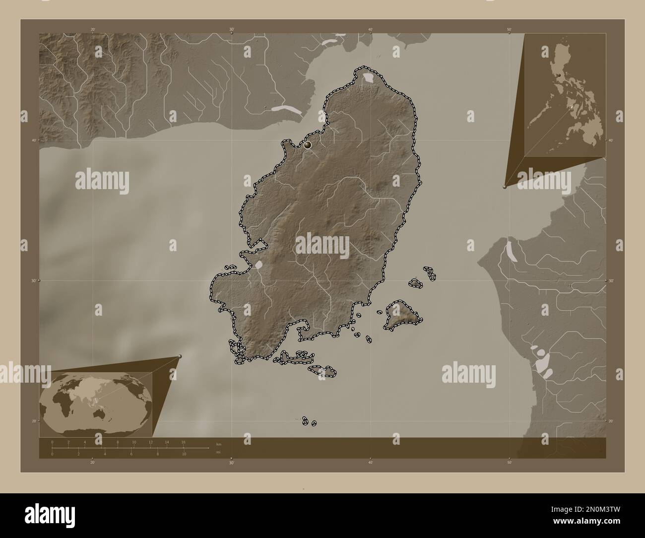 Guimaras, province of Philippines. Elevation map colored in sepia tones ...