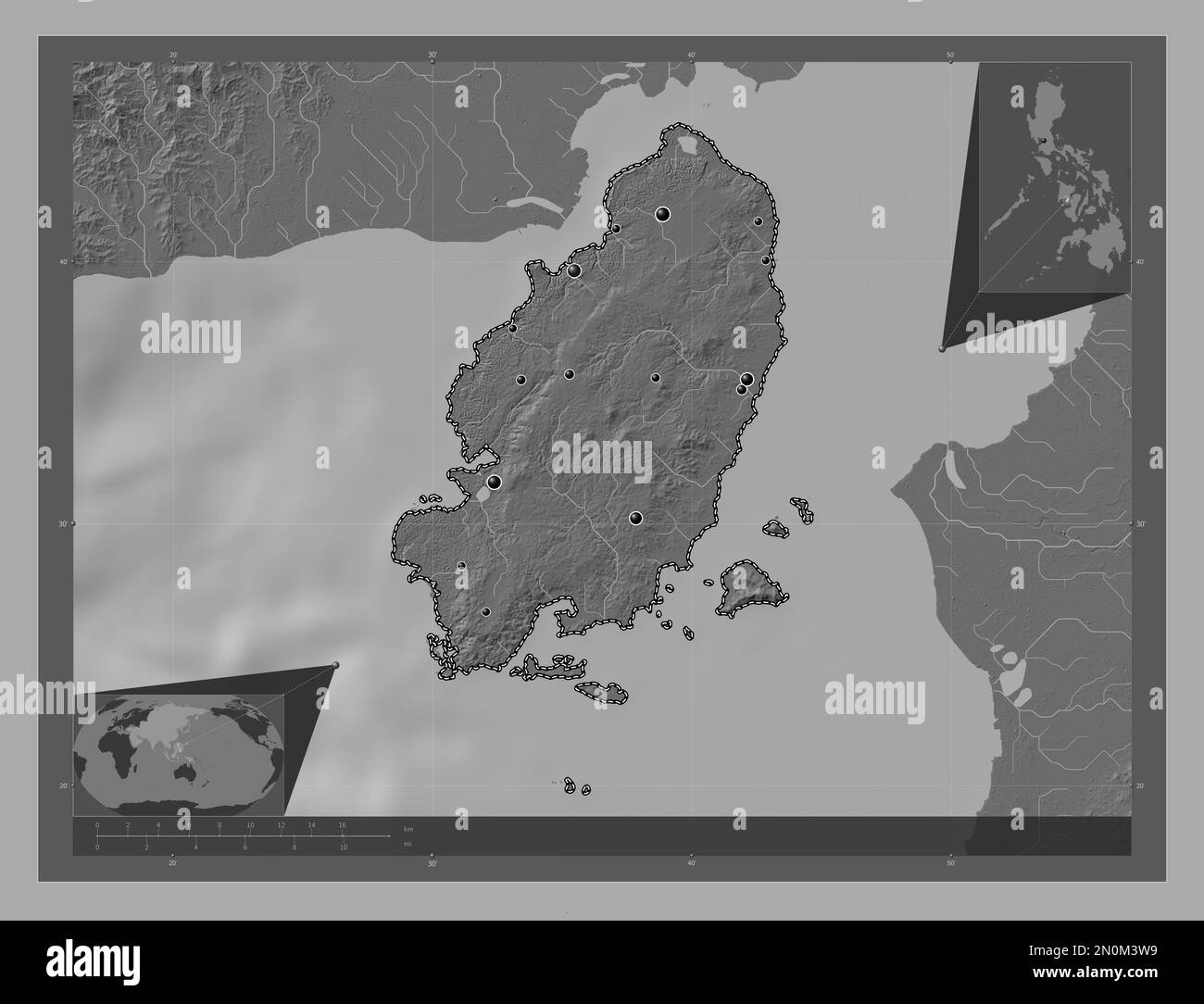 Guimaras, province of Philippines. Bilevel elevation map with lakes and ...