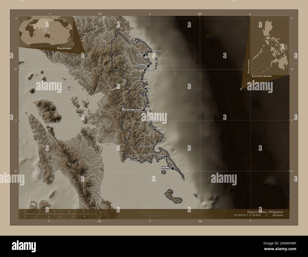 Eastern Samar, province of Philippines. Elevation map colored in sepia ...