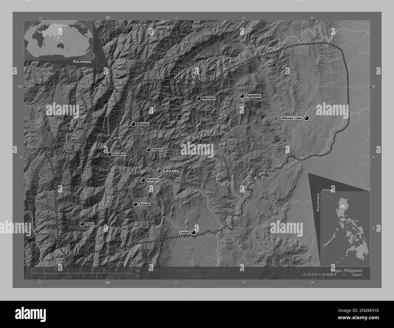 Ifugao, province of Philippines. Grayscale elevation map with lakes and ...