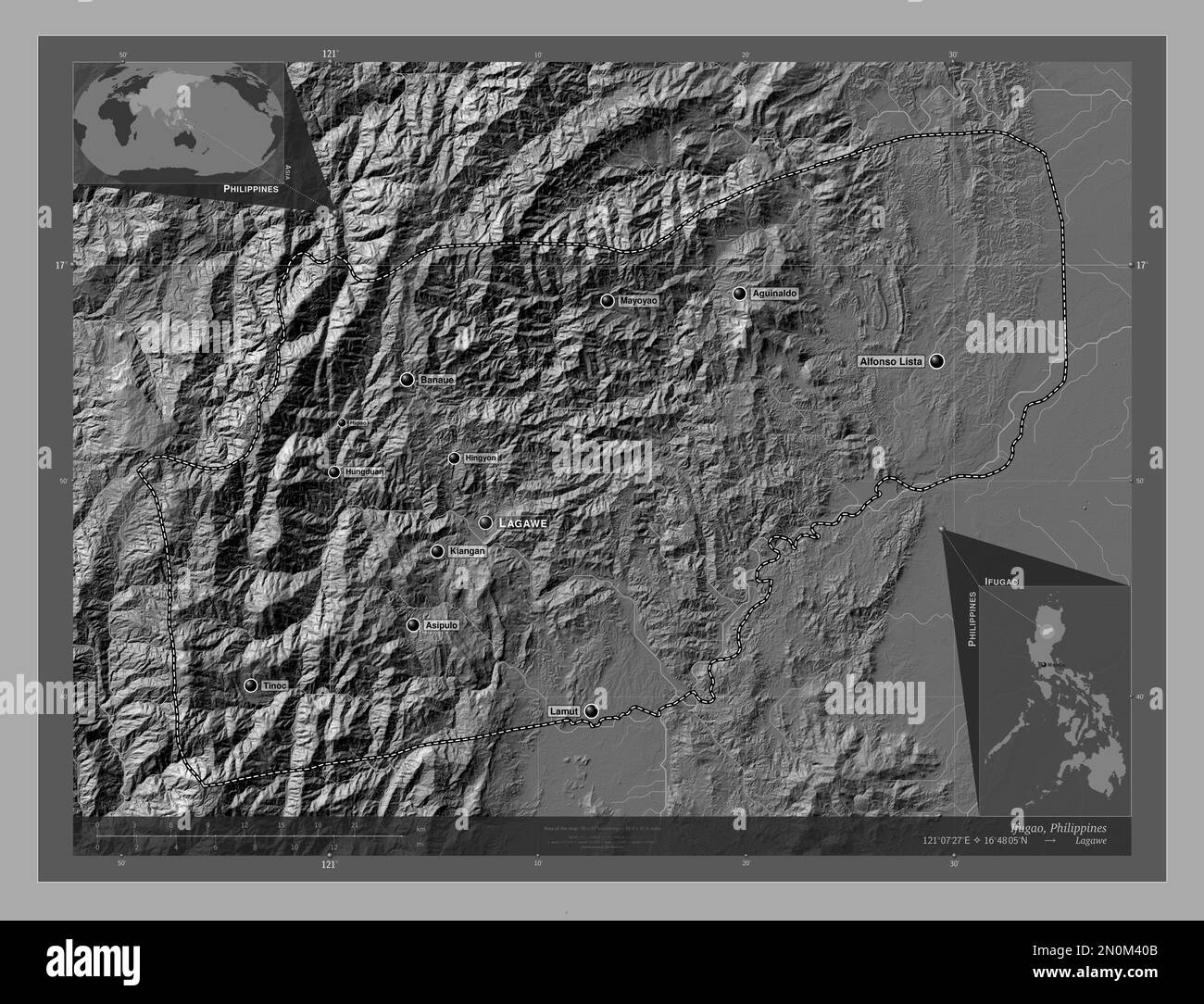 Ifugao, province of Philippines. Bilevel elevation map with lakes and ...