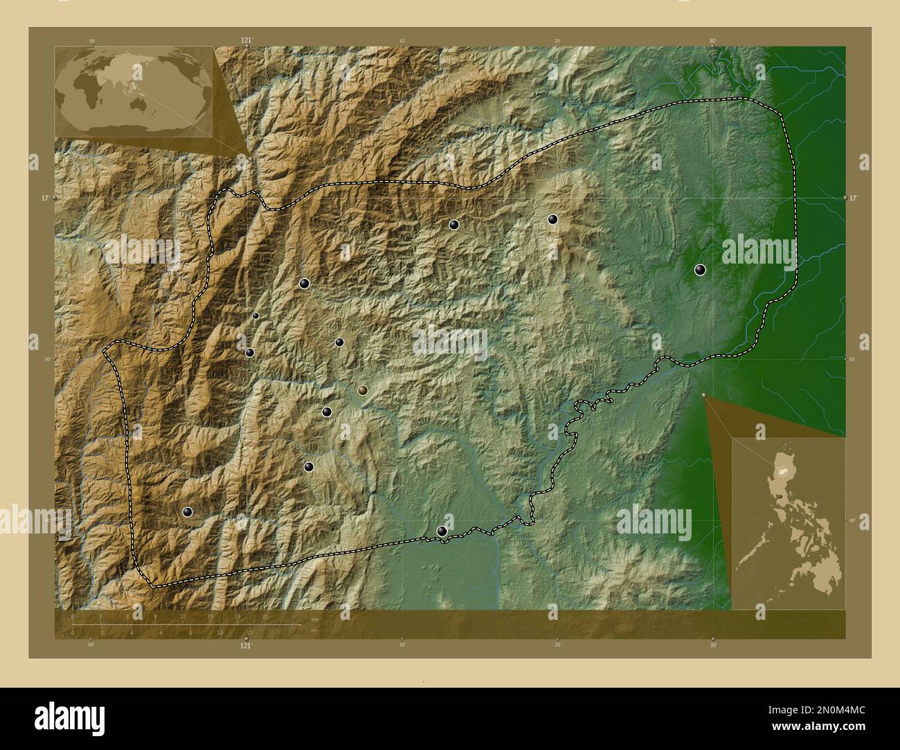 Ifugao, province of Philippines. Colored elevation map with lakes and ...