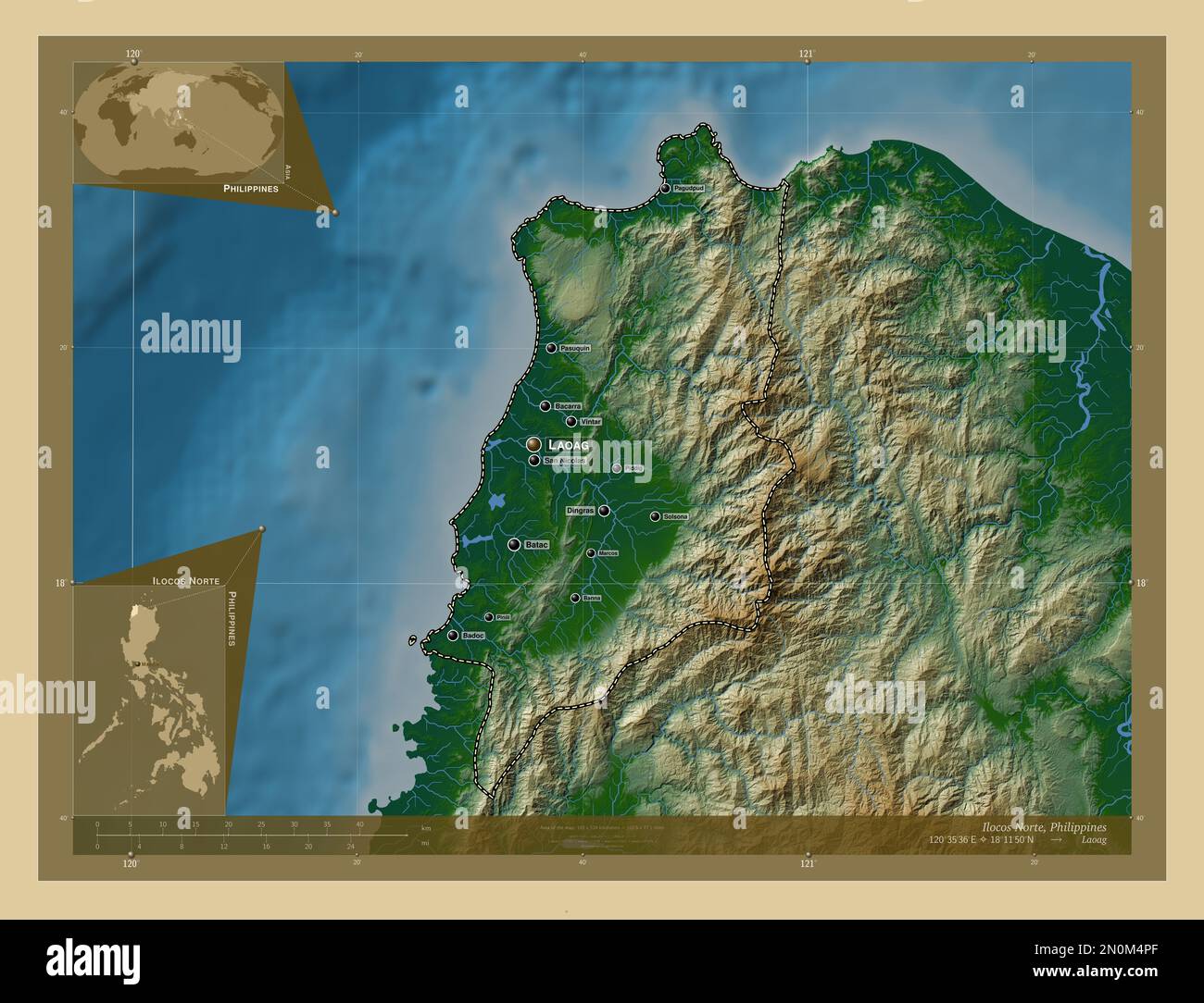 Ilocos Norte, province of Philippines. Colored elevation map with lakes ...