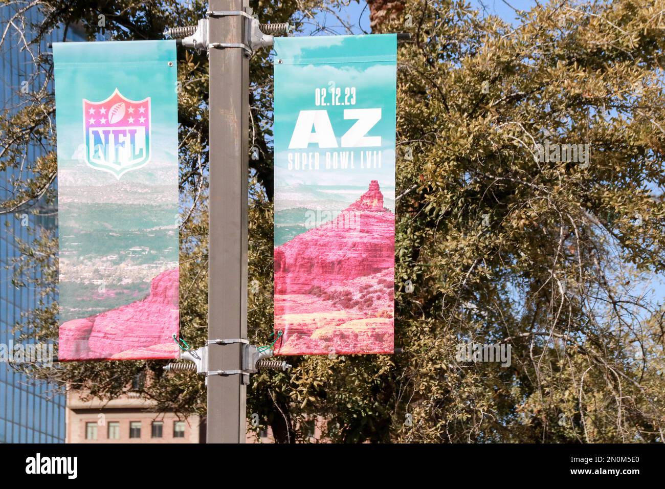 Banners and signage promoting Super Bowl LVII are prominently displayed ...