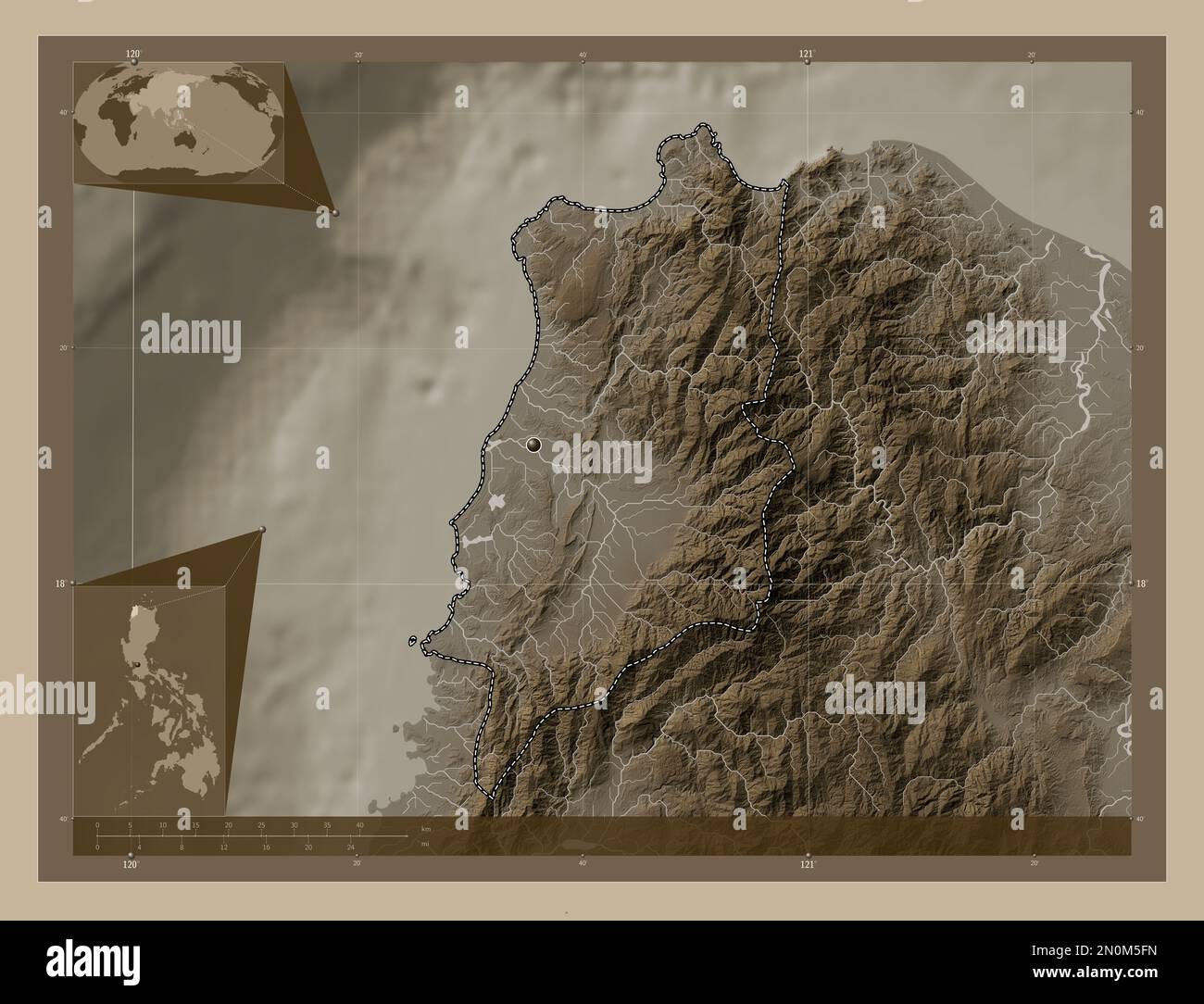 Ilocos Norte, province of Philippines. Elevation map colored in sepia ...