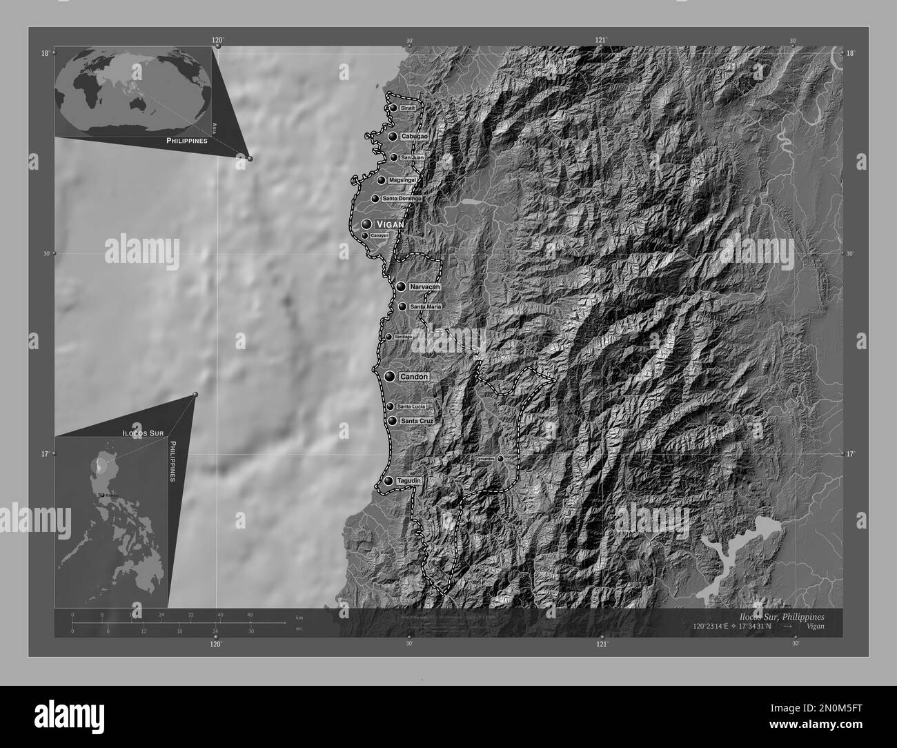 Ilocos Sur, province of Philippines. Bilevel elevation map with lakes ...