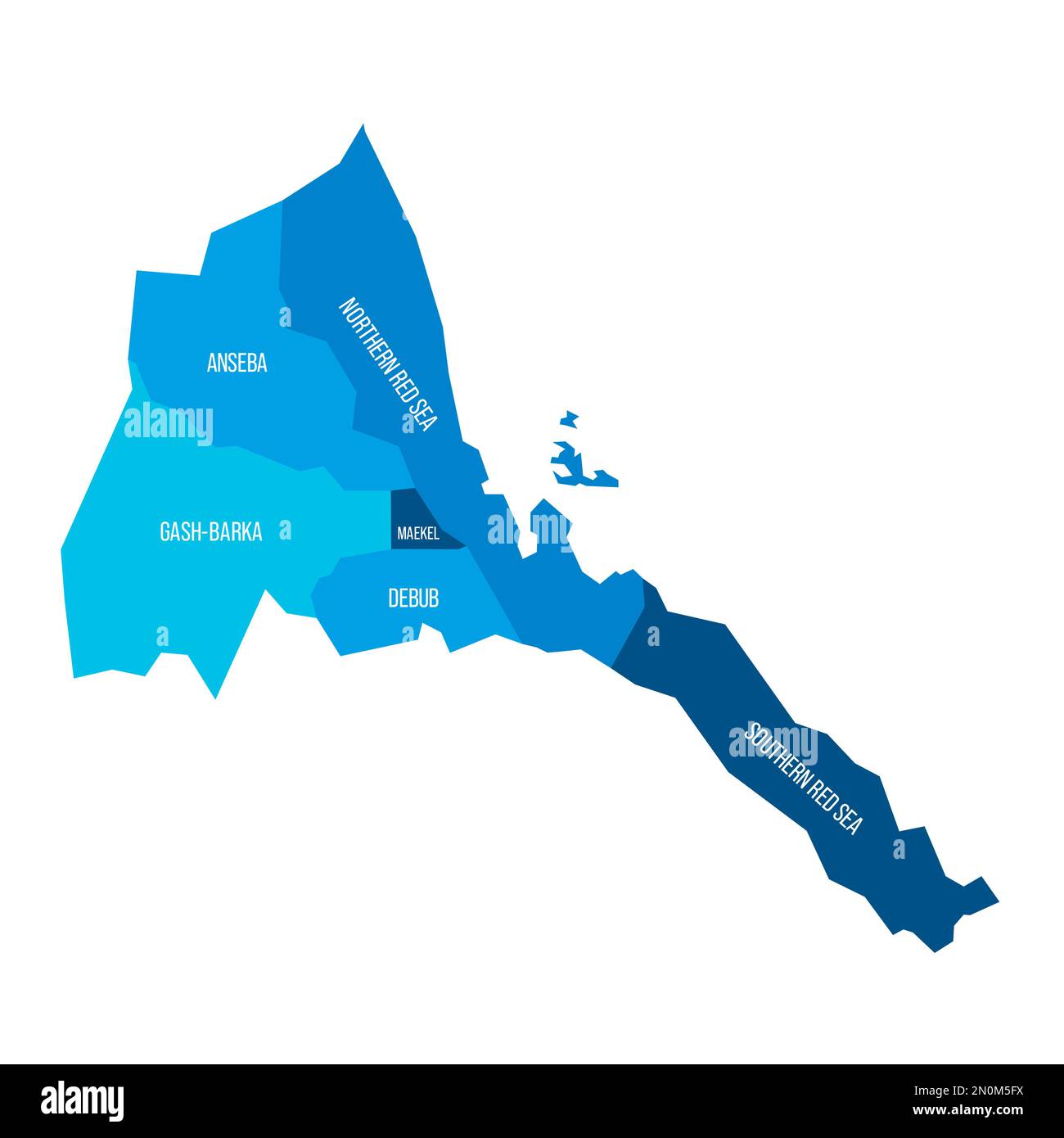 Eritrea political map of administrative divisions - regions. Flat blue vector map with name ...
