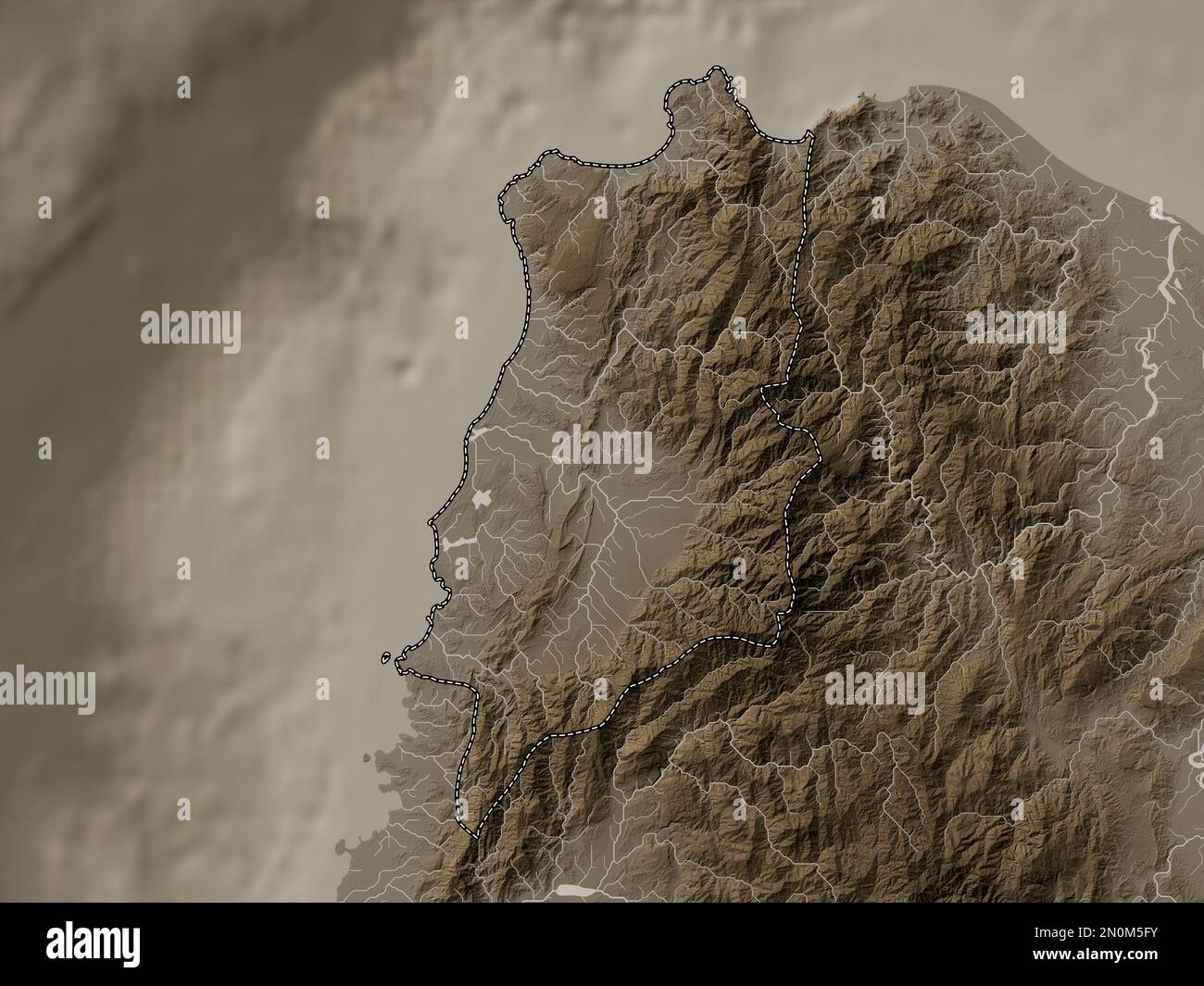 Ilocos Norte, province of Philippines. Elevation map colored in sepia ...