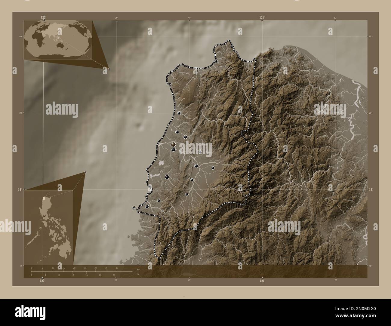 Ilocos Norte, province of Philippines. Elevation map colored in sepia ...