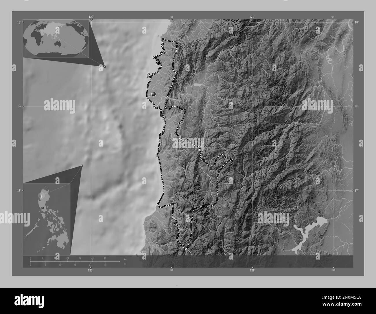 Ilocos Sur, province of Philippines. Grayscale elevation map with lakes ...